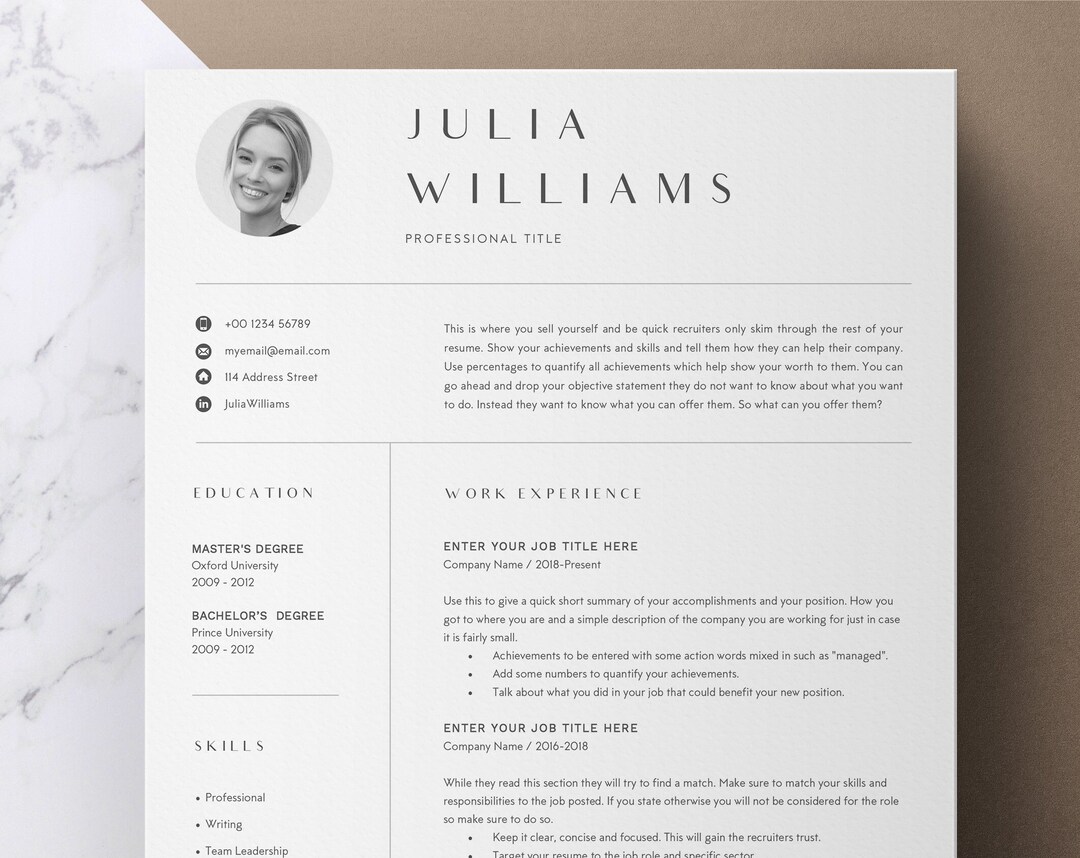 Resume Template 1 & 2 Pages, CV Resume Template, Professional Resume ...