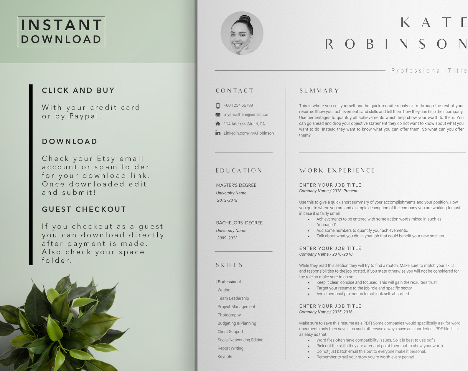 Resume Template, CV Template, CV Resume With Photo, Microsoft Word ...