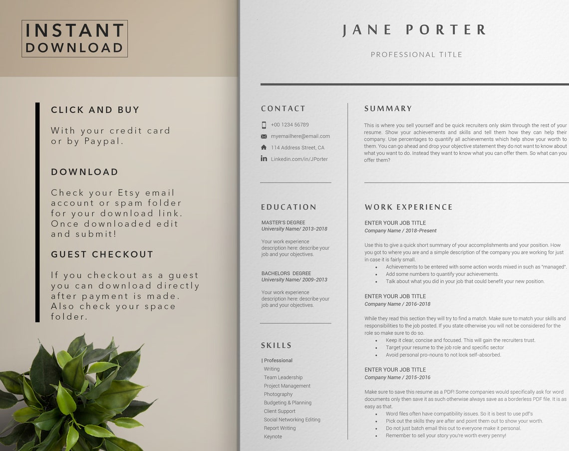 Resume Template Pages, Professional Resume CV, Modern Resume Template ...