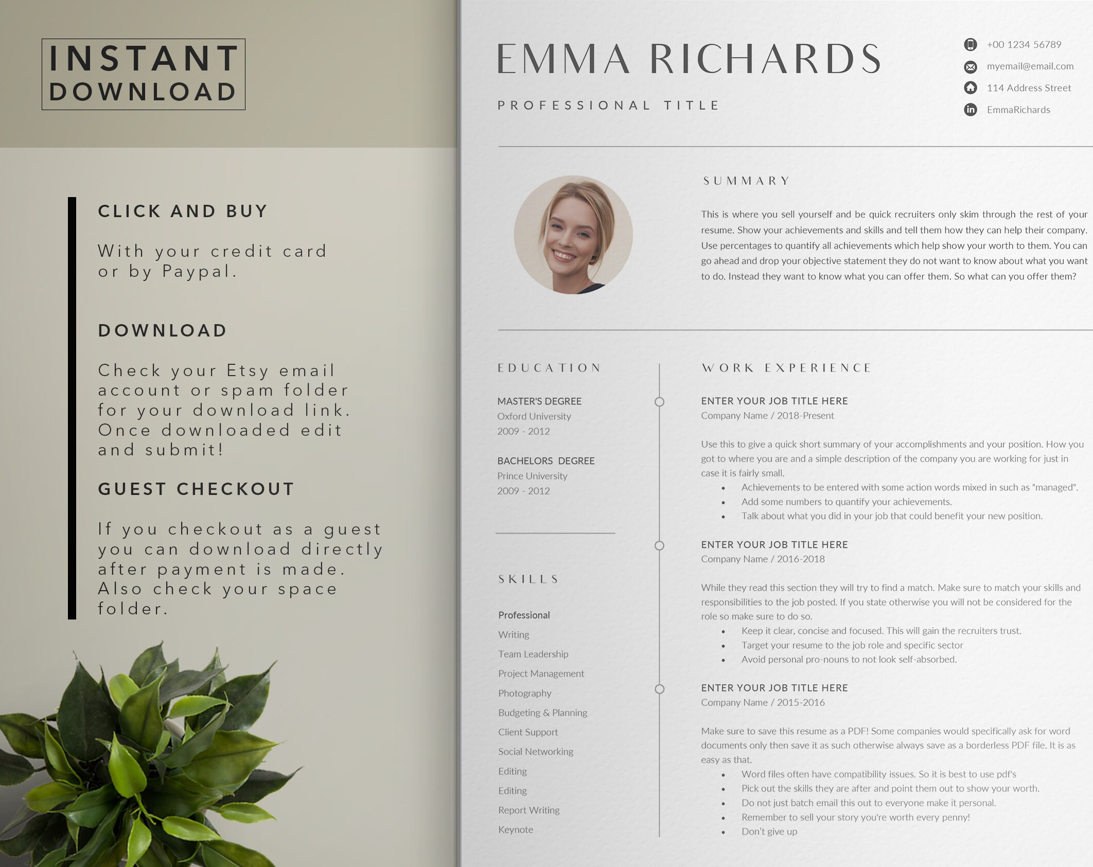 CV Resume Template With Photo, Paper Stationery, CV Template, Modern ...