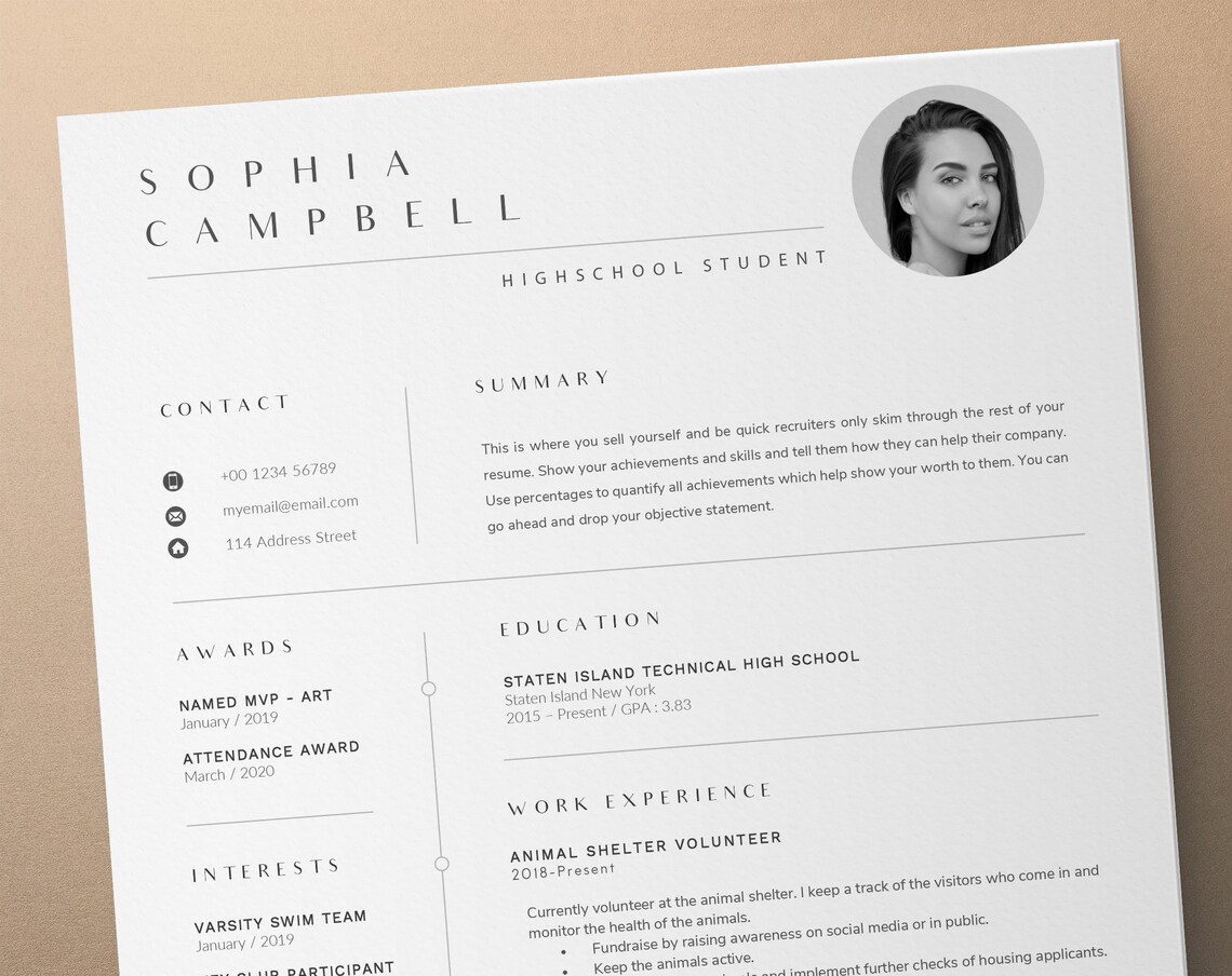 One Page Student Resume Template With Photo Available for Instant ...