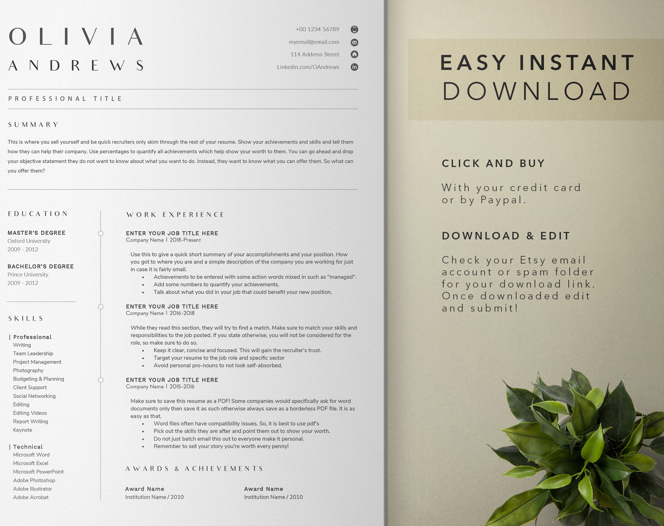 Cv Template Resume Templates Professional and C Level Resume | Etsy