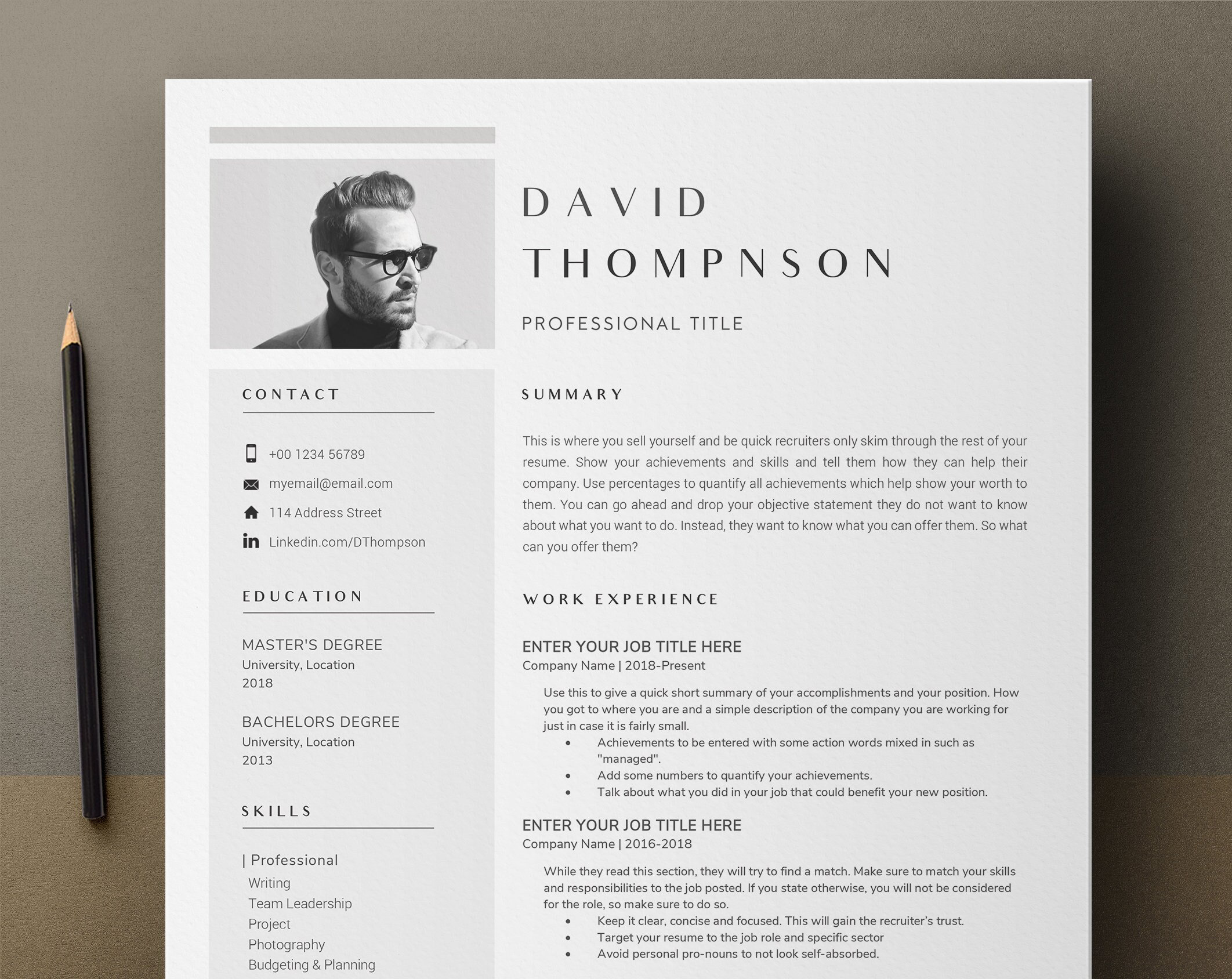 Modern Men Resume Template 2 Pages, CV Template, Cover Letter, Instant ...