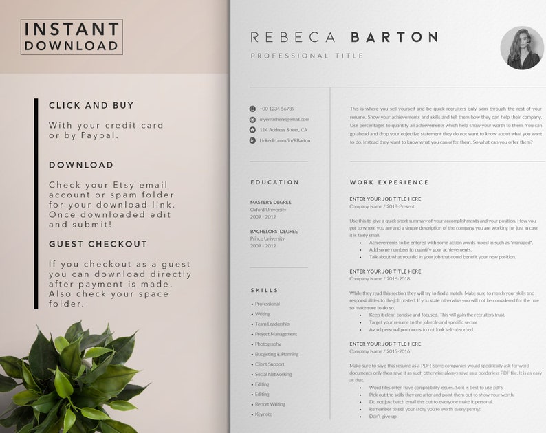 Resume Template Cover Letter and References CV Resume With - Etsy