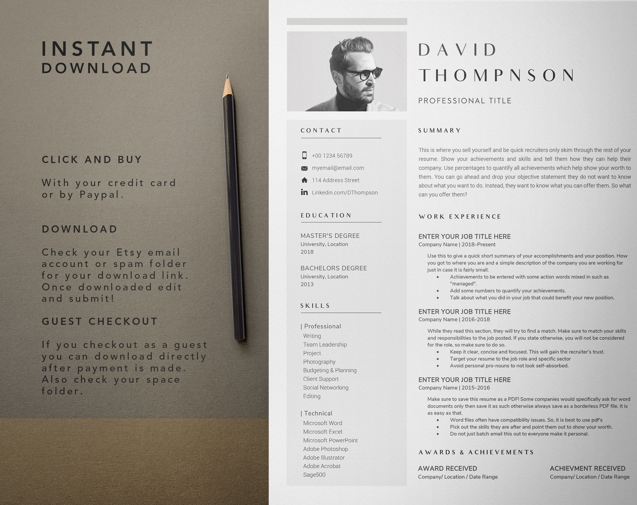 Modern Men Resume Template 2 Pages CV Template Cover Letter - Etsy Canada