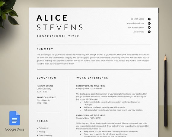 Google Docs Resume Template Professional CV Template | Etsy