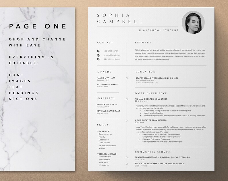 One Page Student Resume Template With Photo Available for Instant ...