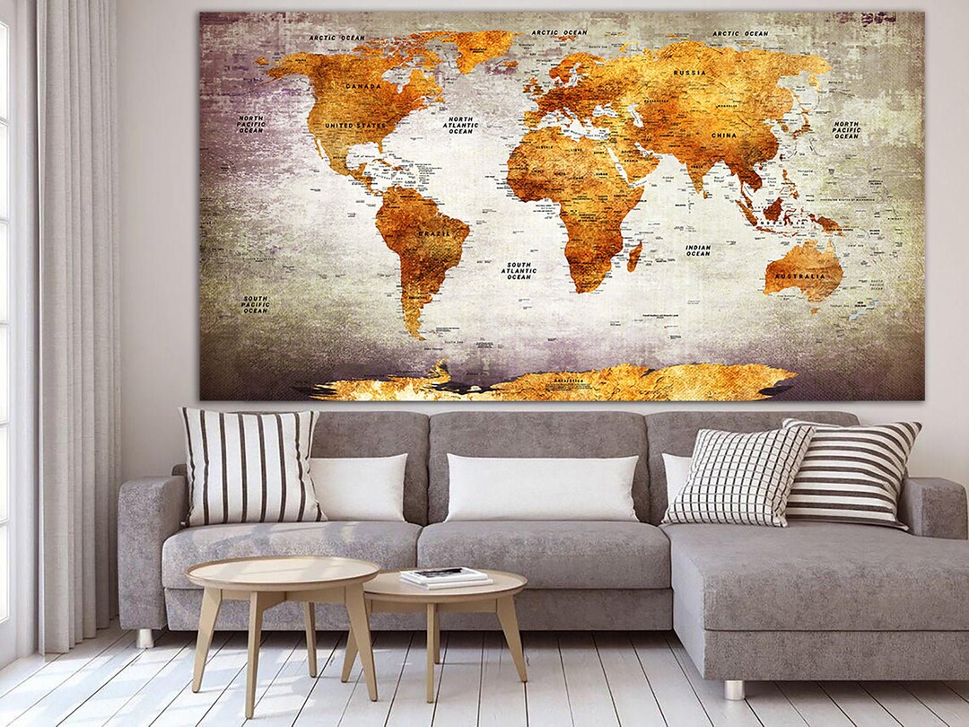 Large Vintage World Map Canvas Print Multi-panel World Map Wall Art ...
