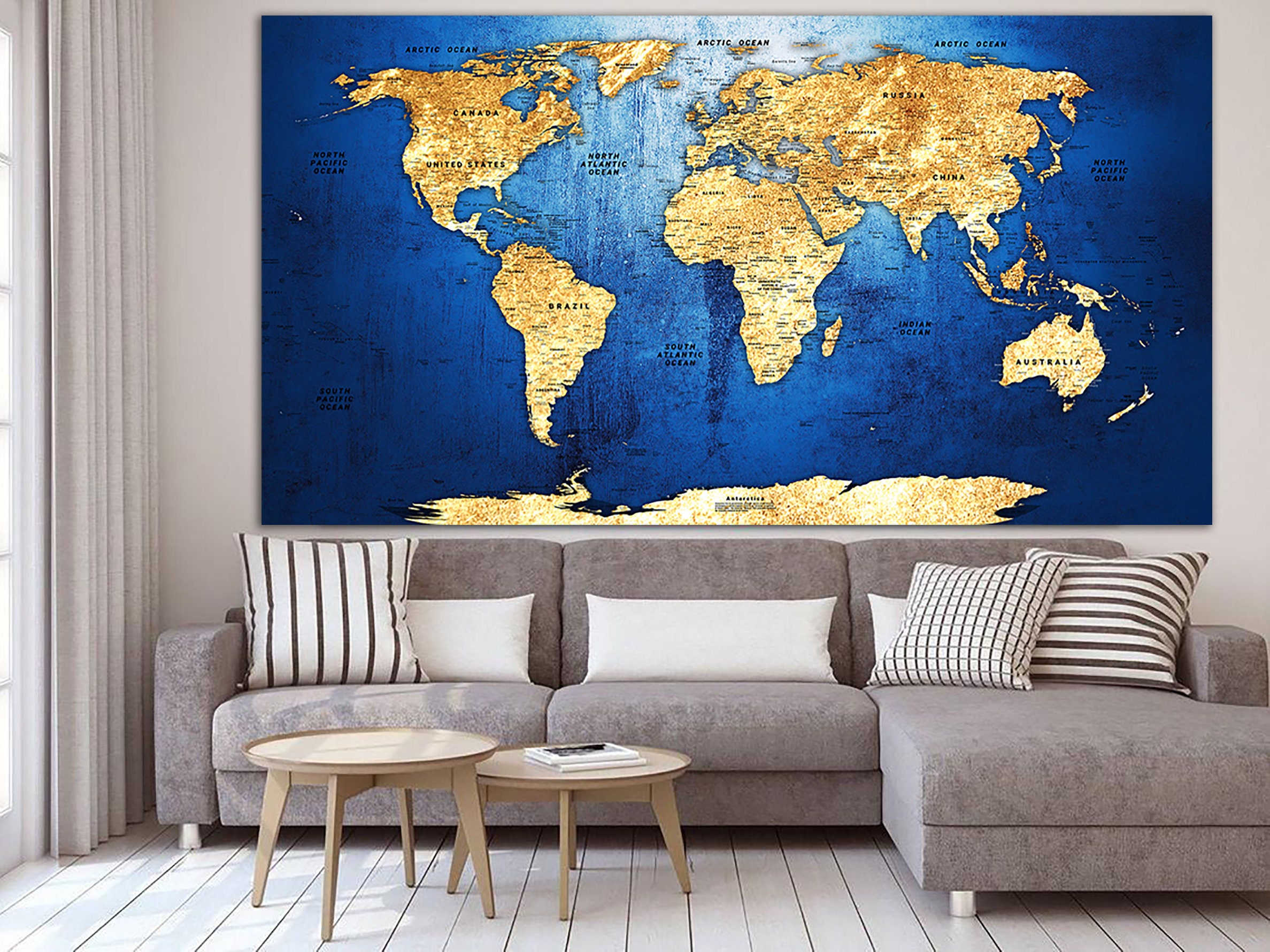 World Map Wall Art Golden Map of the World Multi Panel Print | Etsy