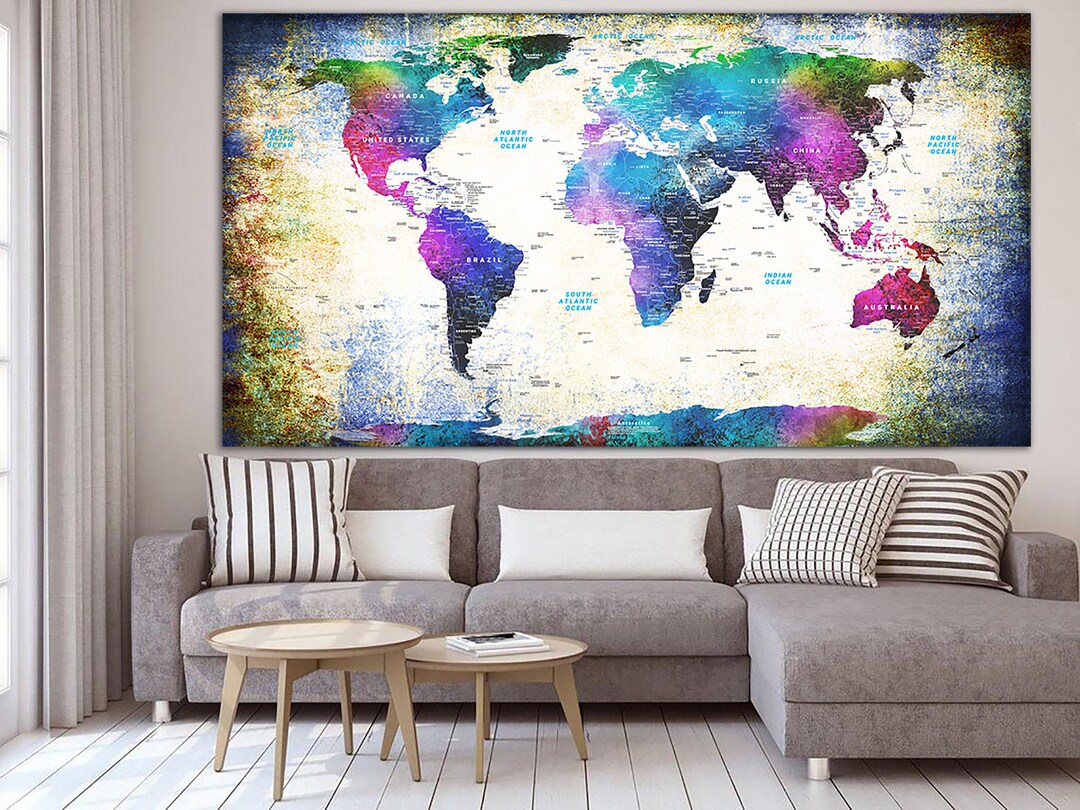 Colorful World Map Wall Art Modern Geography Map of the World Multi ...