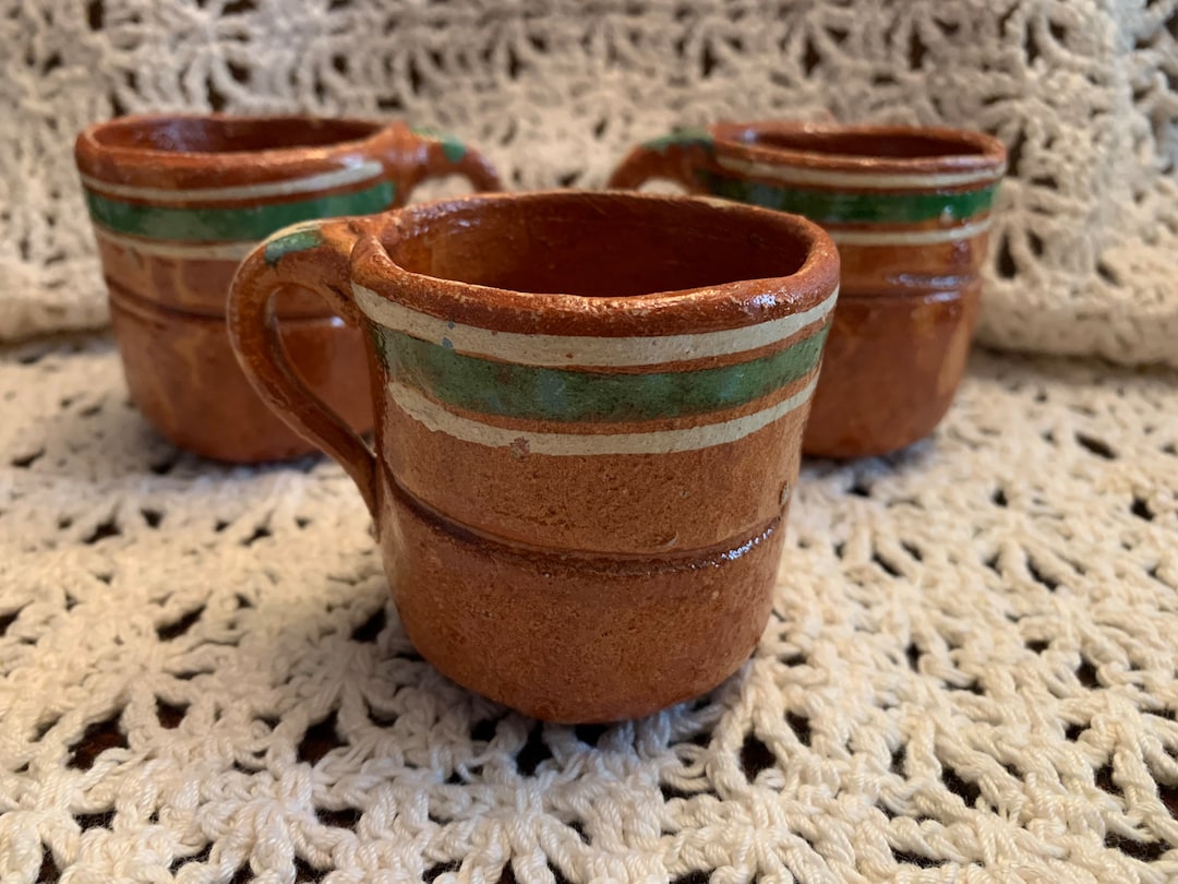 Redware Mugs - Green Slip Yellow Slip Decoration - Red Clay - Set of 3 ...