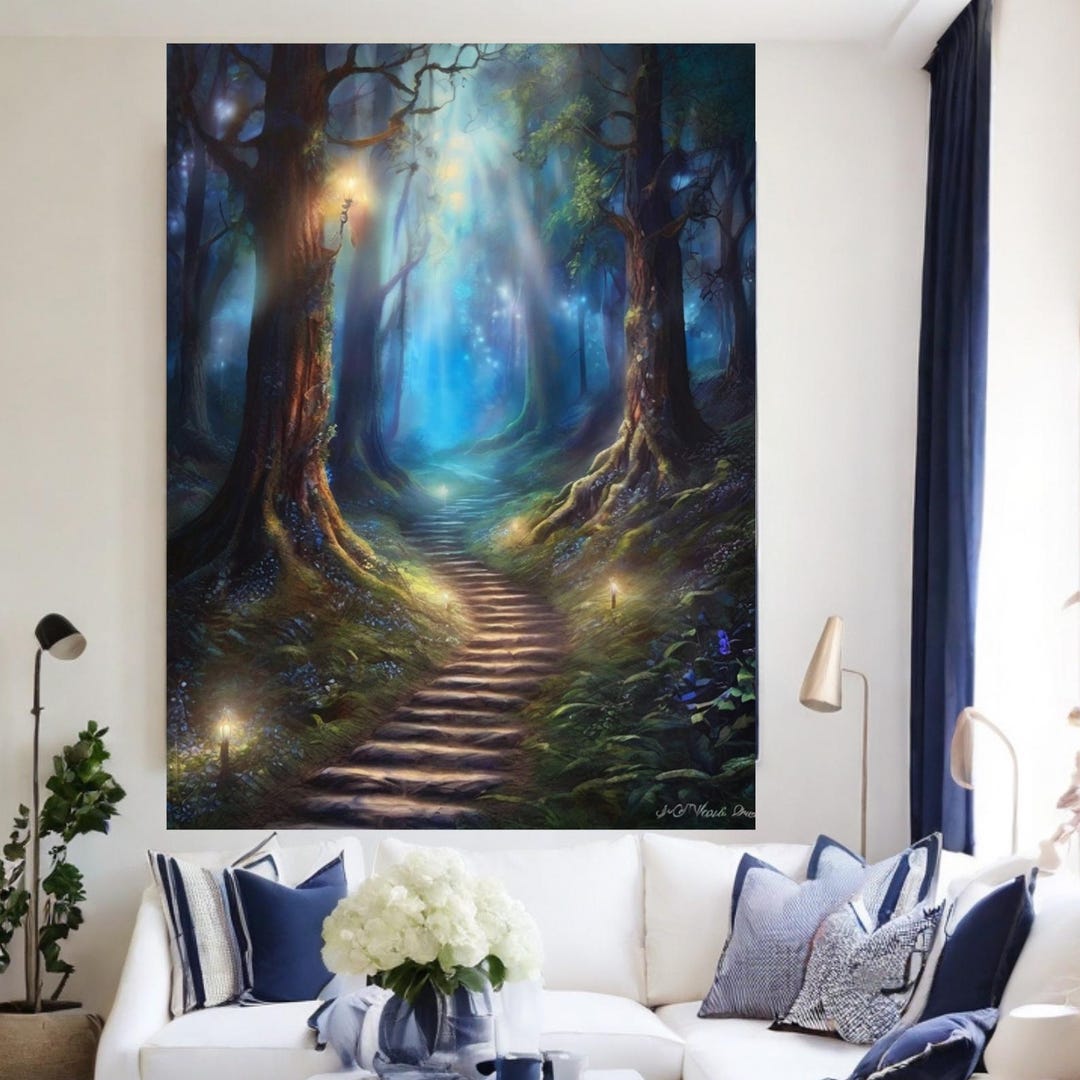 Enchanted Magical Forest Painting, Mystical Forest and Lighted Patht ...