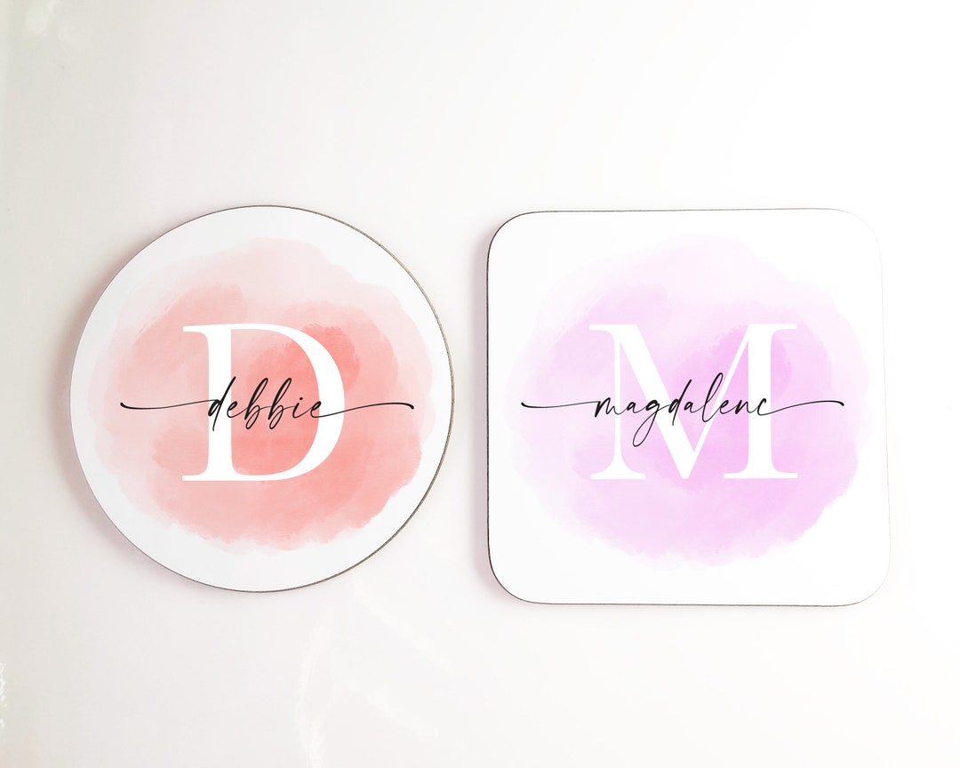 Personalised Coaster with Initial, Name and Watercolour background ...
