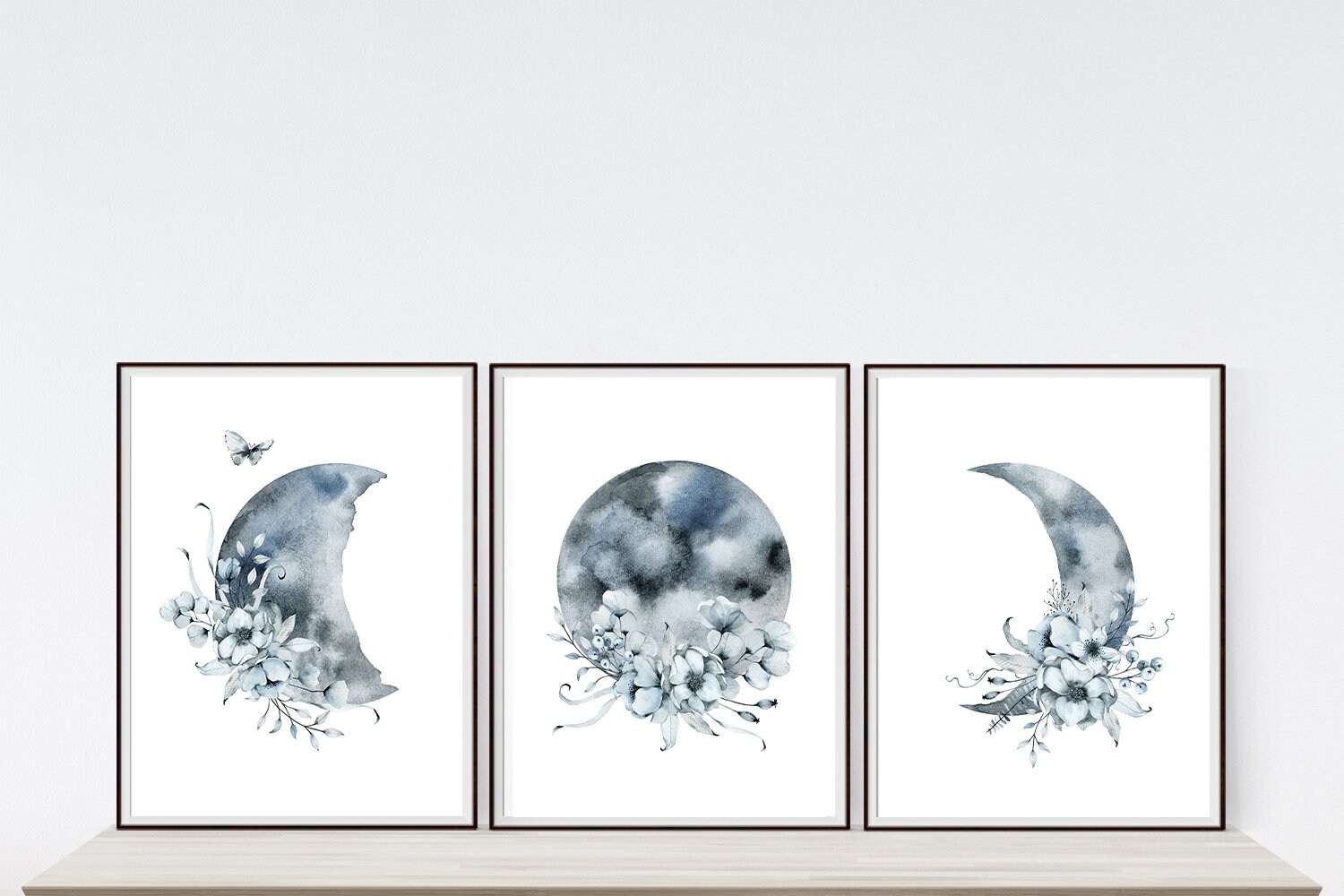 Moon Print Set, Moon Phases Print, Set of Three Floral Moon Print ...