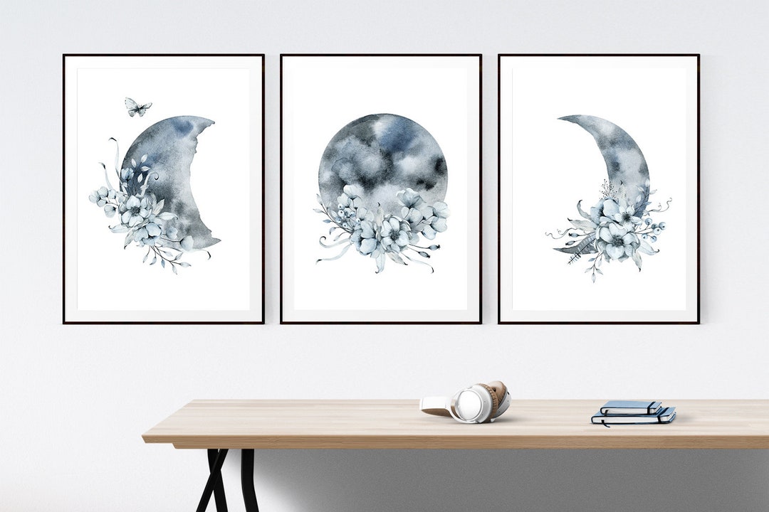 Moon Print Set, Moon Phases Print, Set of Three Floral Moon Print ...