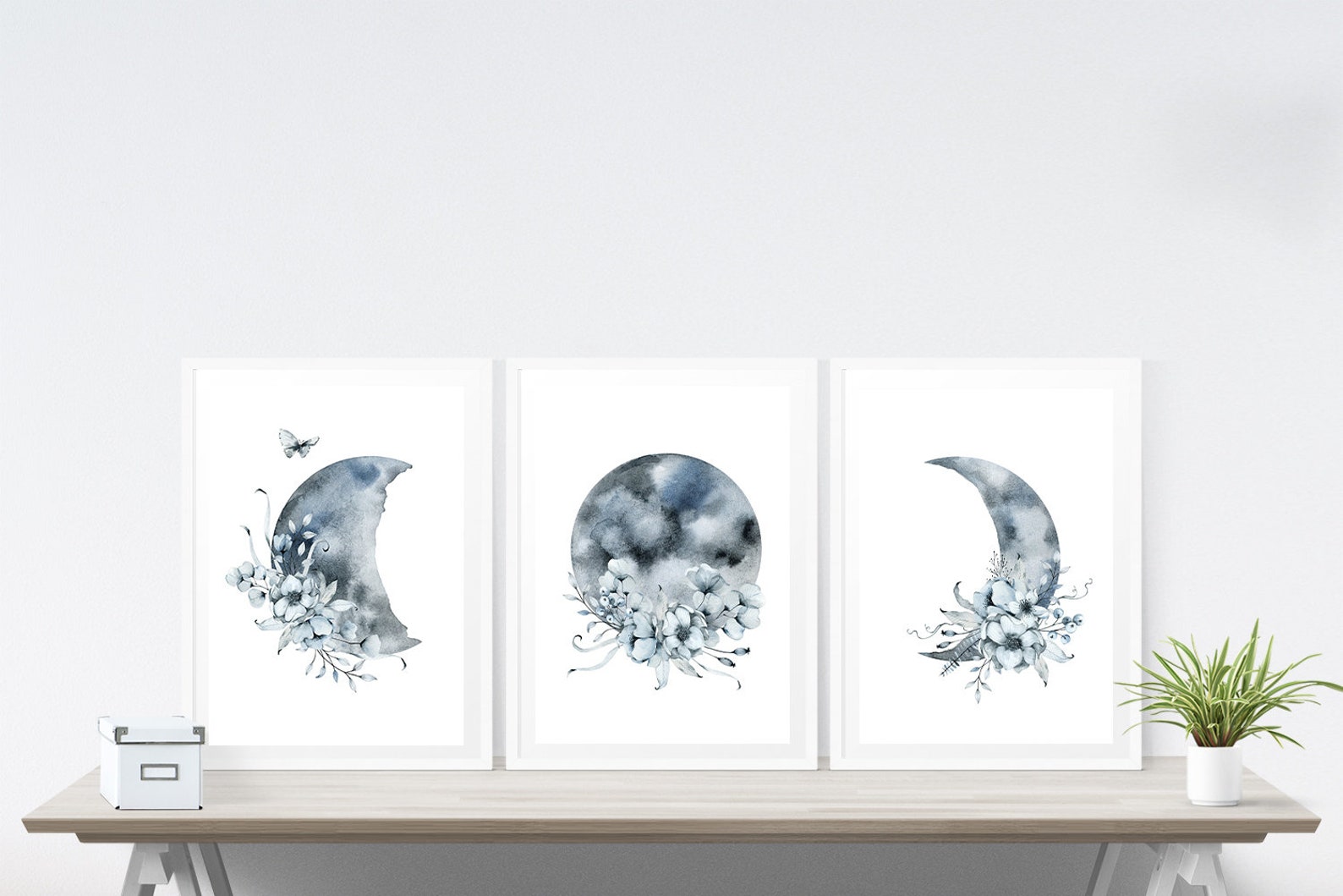 Moon Print Set Moon Phases Print Set of Three Floral Moon - Etsy