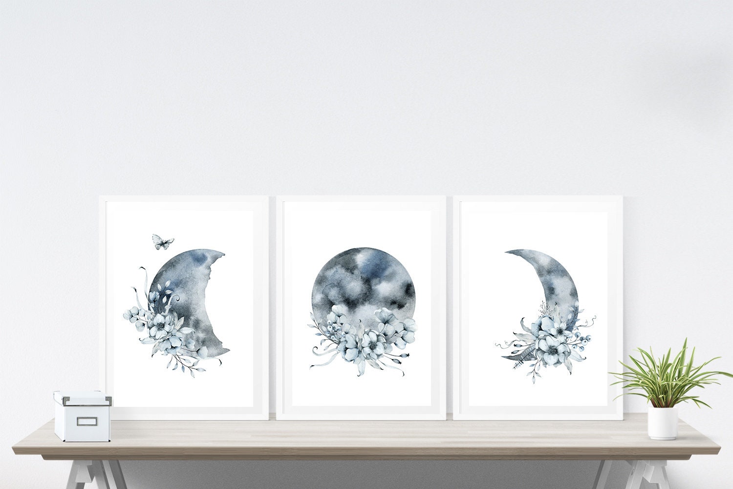Moon Print Set Moon Phases Print Set of Three Floral Moon | Etsy