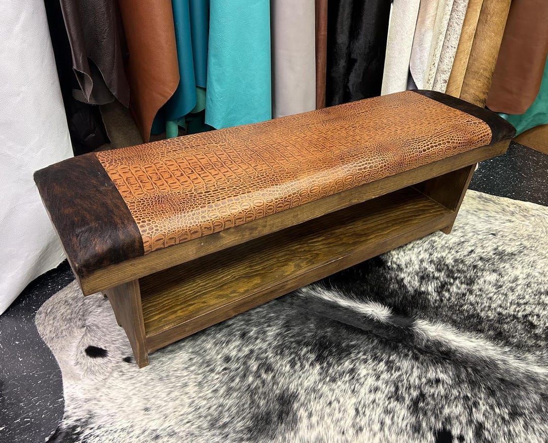 Cowhide Bench Brown Brindle Cowhide and Embossed Tan Crocodile Leather ...