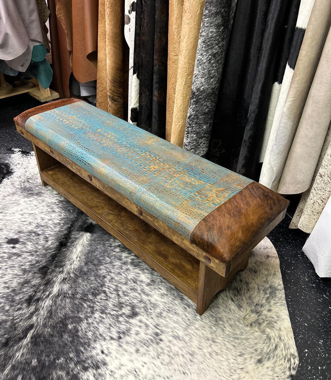 Cowhide Bench Brown Brindle Cowhide and Embossed Turquoise Crocodile ...