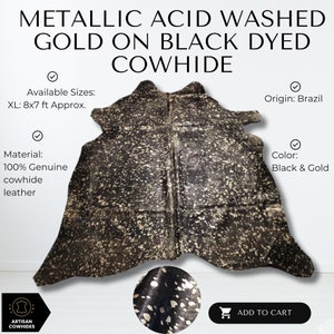 Metallic Acid Washed on Black Dyed Cowhide - Gold XL 7 X 6 Ft - Premium ...