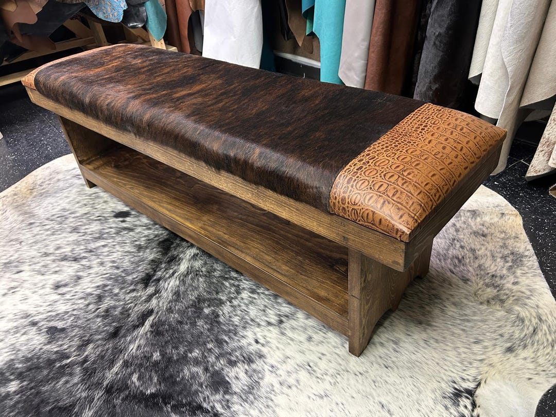 Cowhide Bench Brown Brindle Cowhide and Embossed Tan Crocodile Leather ...