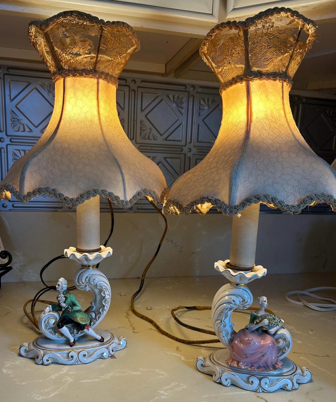 Vintage 1940’s Impressive Pair of Ornate Capodimonte Lamps W/ Courting ...