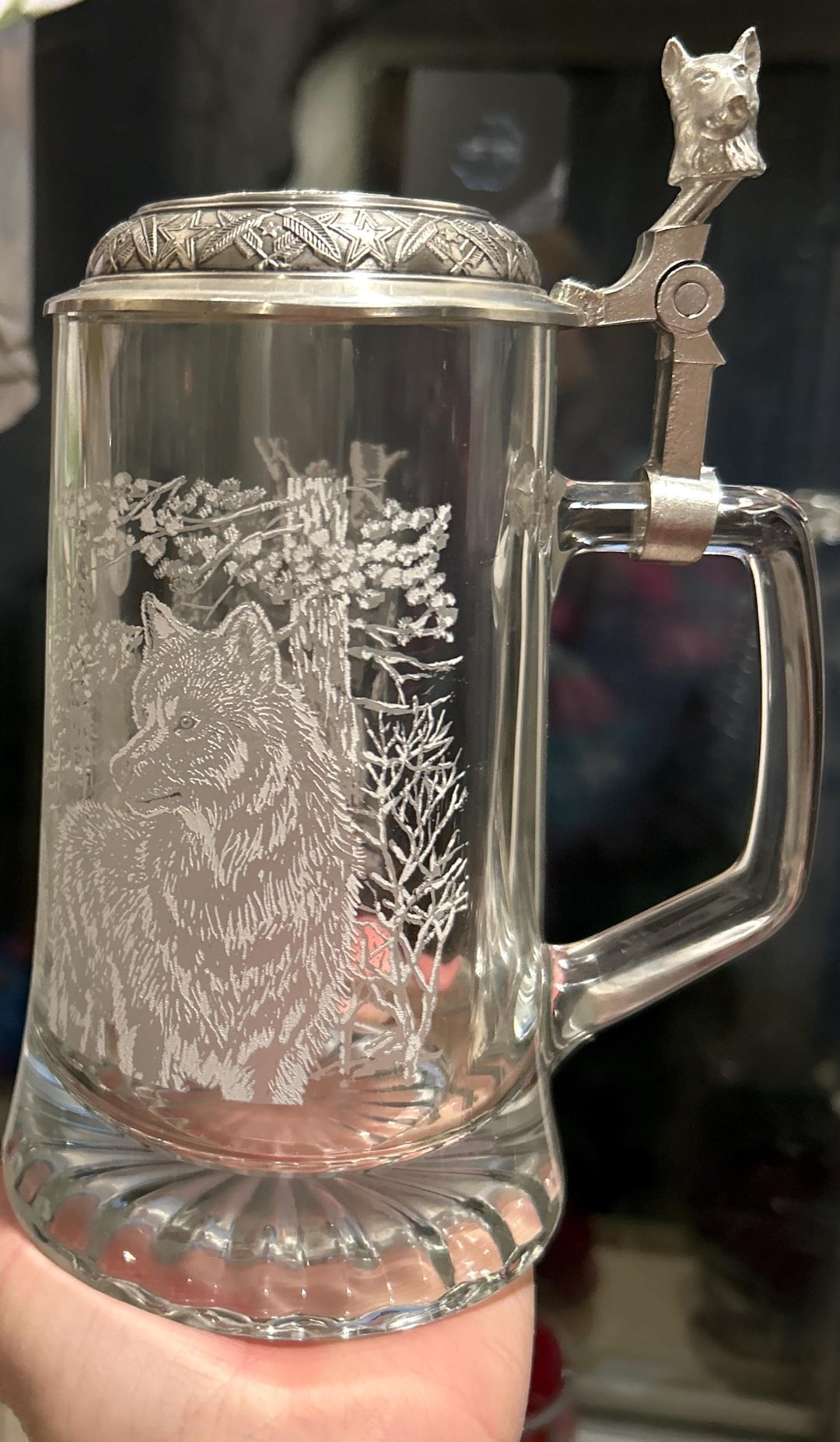 Glass Wolf Beer Stein W/ Pewter Lid and Pewter Wolf Head Lid Thumblift ...