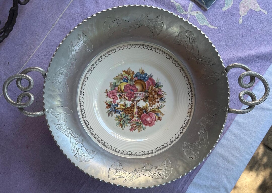 Silver Hammered Farberware Triumph Aluminum Bowl Surrounding Porcelain ...