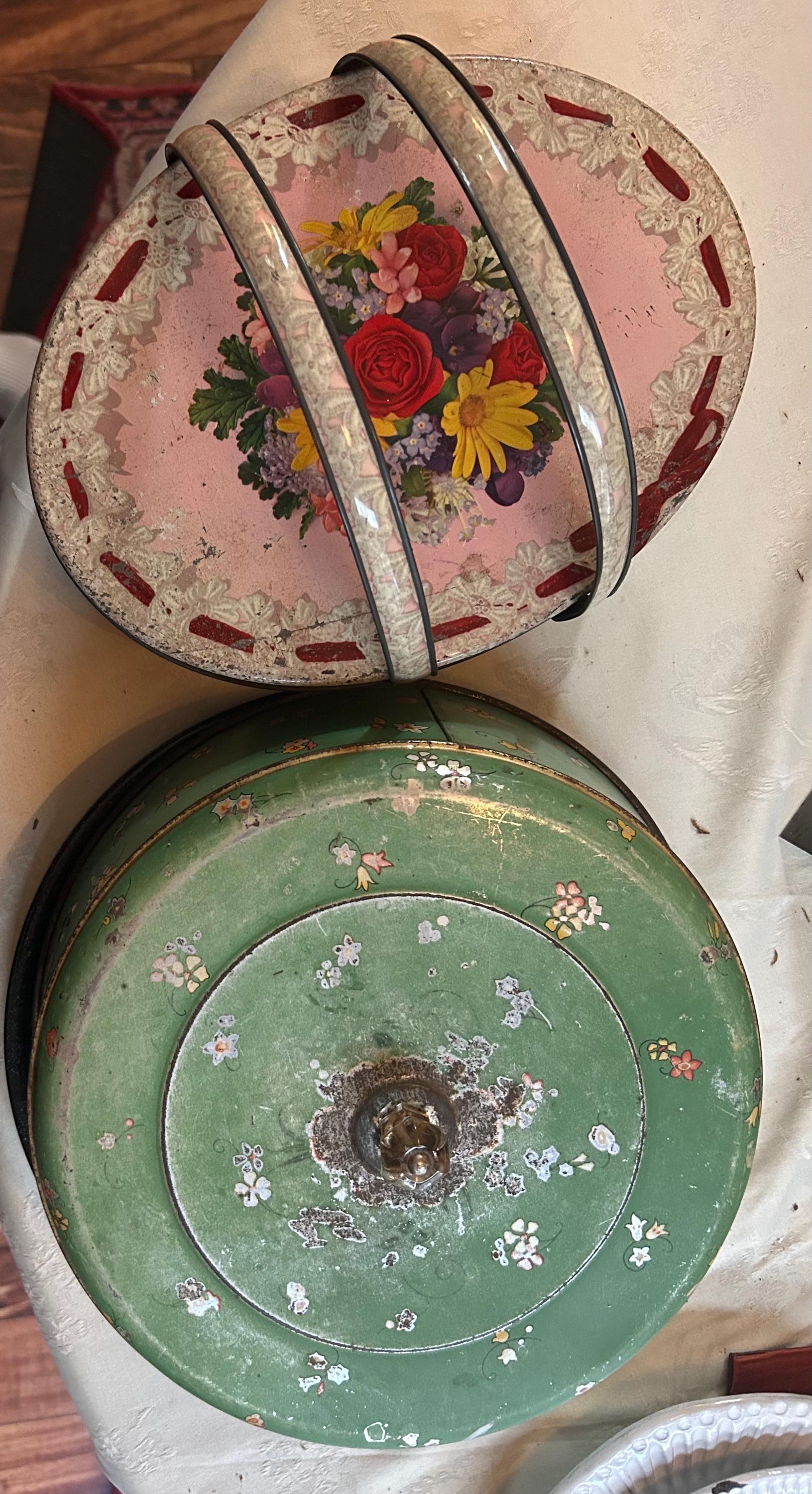 Two Vintage Floral Tins, 1 Pink Floral Lidded Oval Tin W/ Double ...