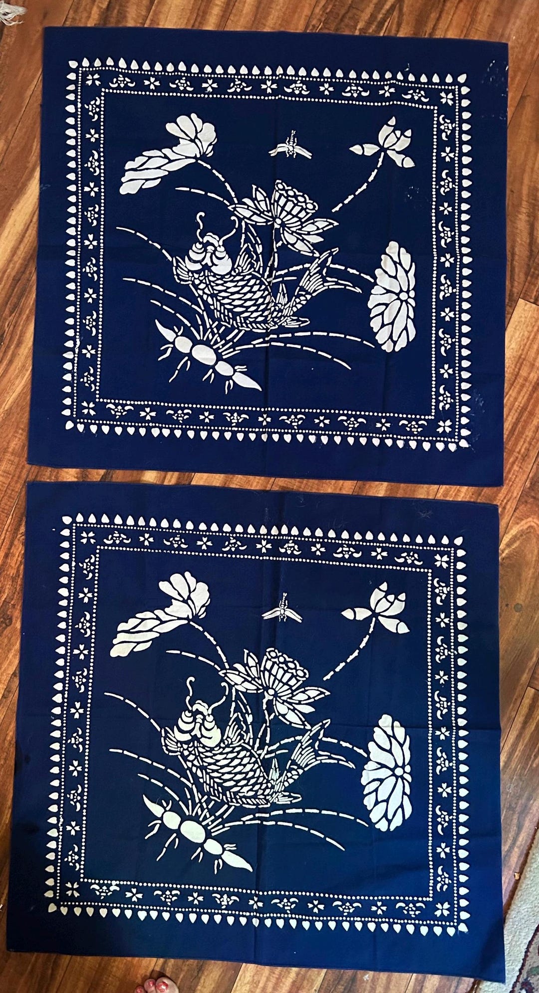 Two Miao Batik Textile Fabric Squares Featuring Koi Fish in Blue ...