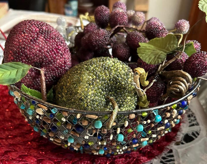 Mid Century Modern Beaded Fruit in Basket, Three Bunches Purple Grapes ...