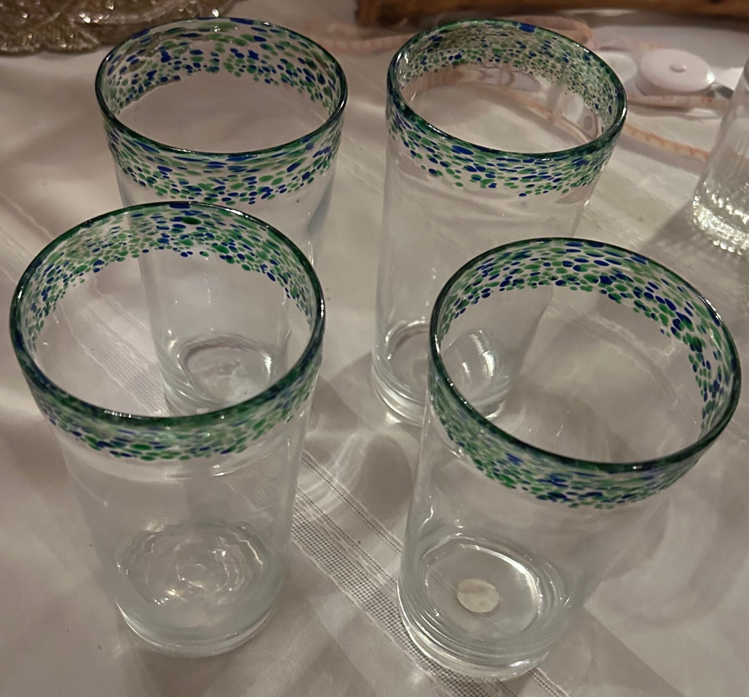 Four Blue/green Confetti Rim Glass Tumblers Made in Mexico, Retro ...