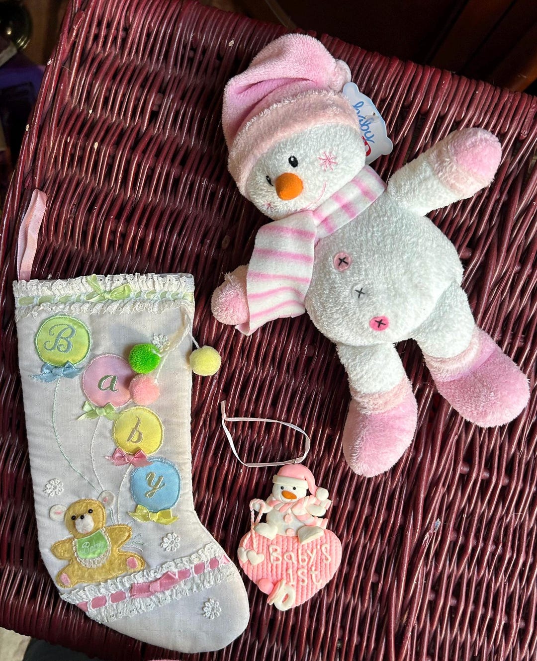 Vintage Kurt Adler Pastel Pink Baby Stocking, Cute Gund Snowman Rattle ...