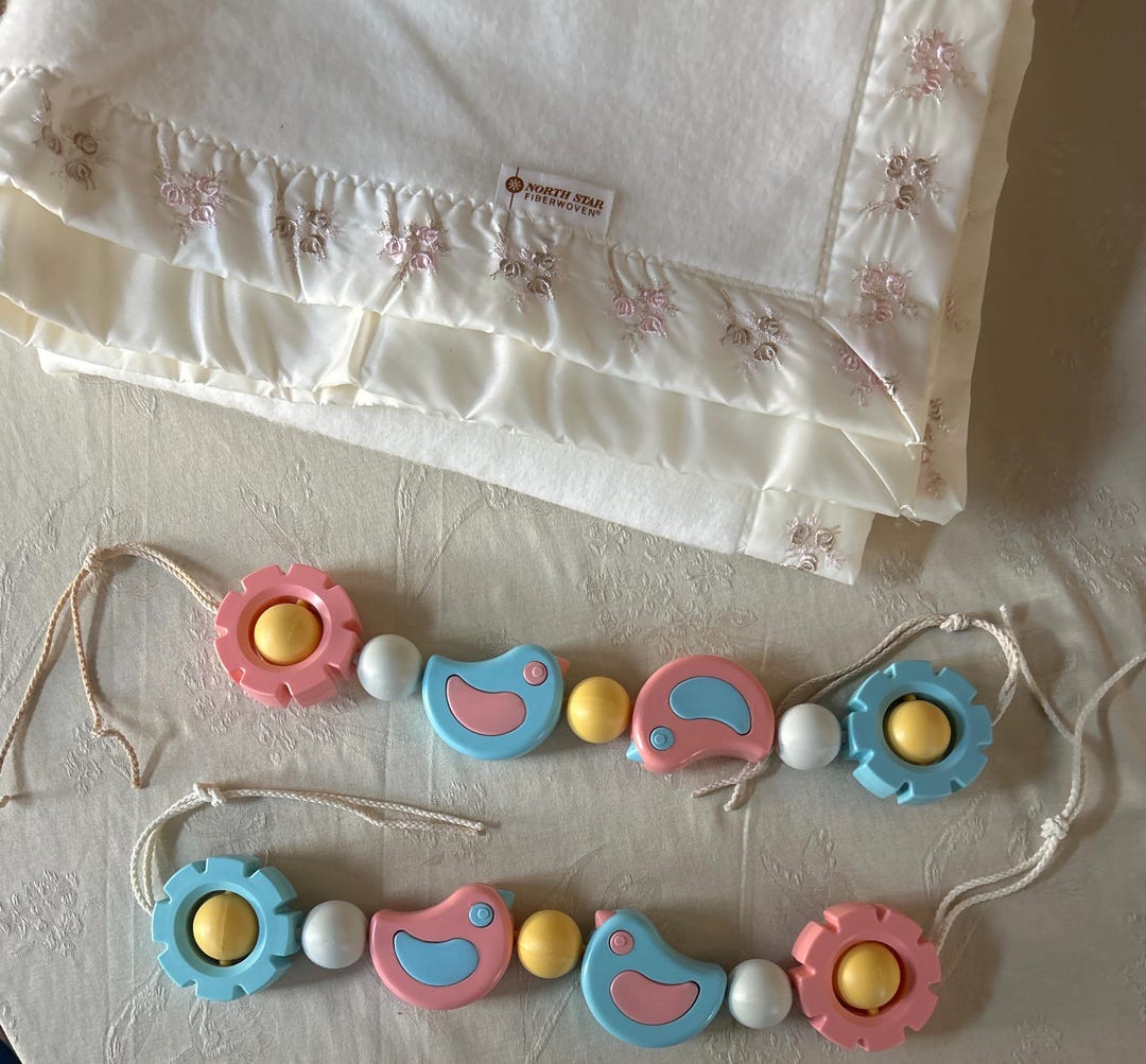 Vintage 70s Baby Items, North Star White Blanket W/pink Rose Satin Trim ...