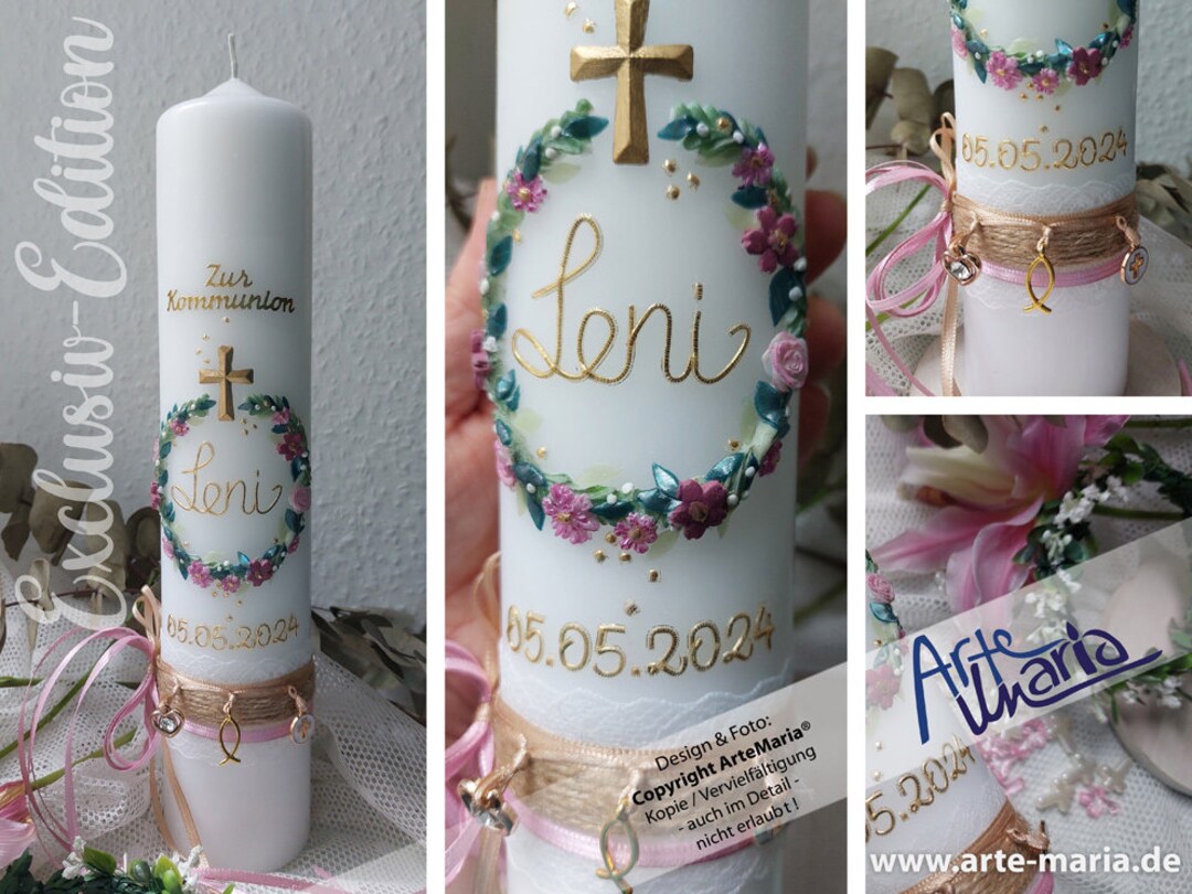 Communion Candle or Baptism Candle LENI© Flower Wreath / Floral Wreath ...