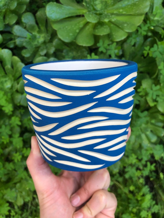 Large Carved Wave Ceramic Planter Dark Blue & White Planter - Etsy