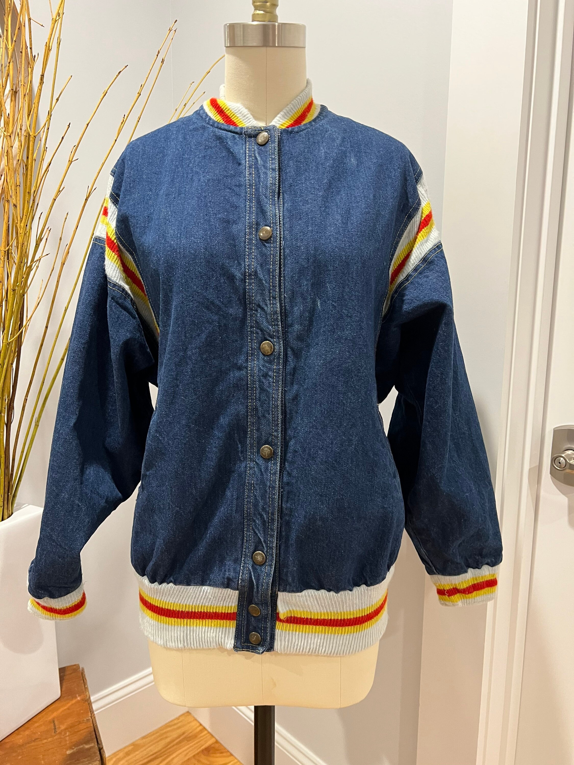 Denim Varsity Bomber Jacket With Sunrise Accents, Mens Size SMALL, 70s ...