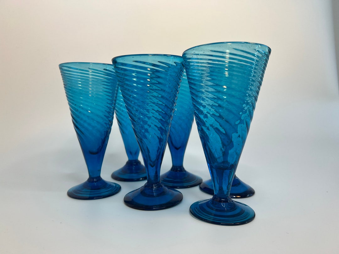 Blue Swirl Vintage Footed Drinking Goblets, Handblown Glass Set for ...