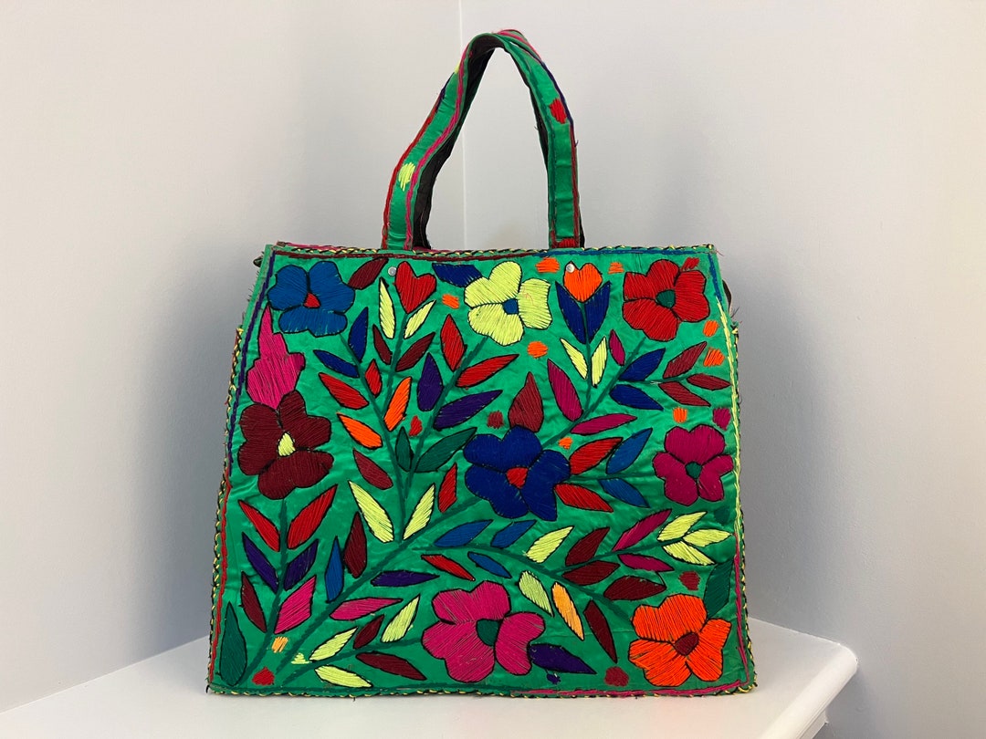 Emerald Green Silk Handbag With Colorful Embroidered Floral Motifs ...