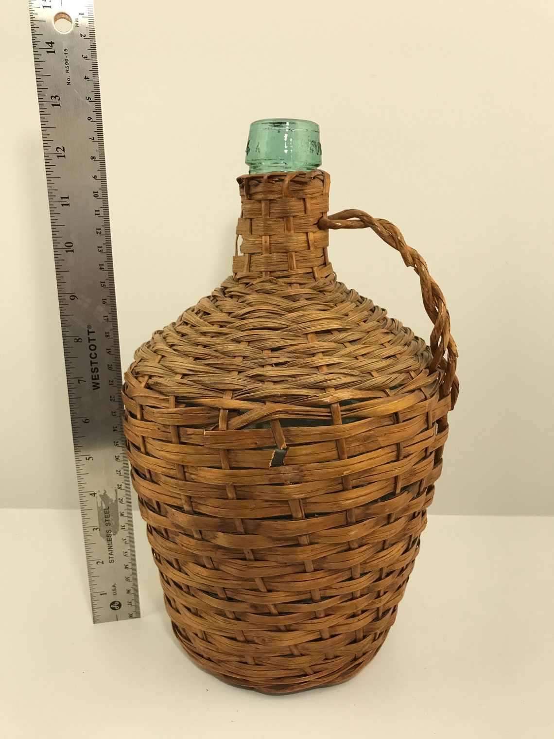 Wicker Wrapped VIRESA Demijohn Wine Bottle, Large Vintage Green Glass ...