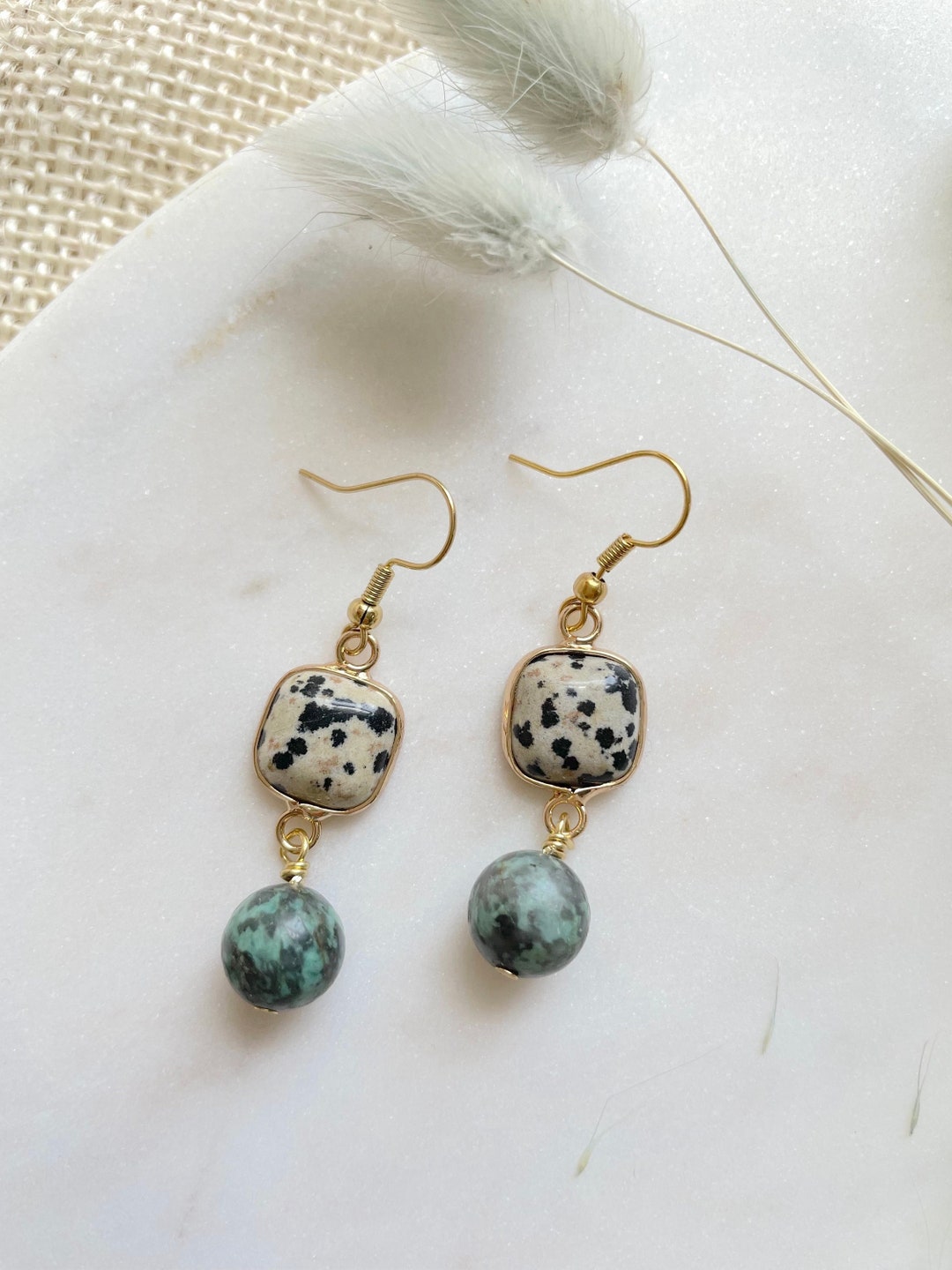 Small Beaded Gemstone Drop Earrings / Turquoise Dalmatian Jasper Dangle ...