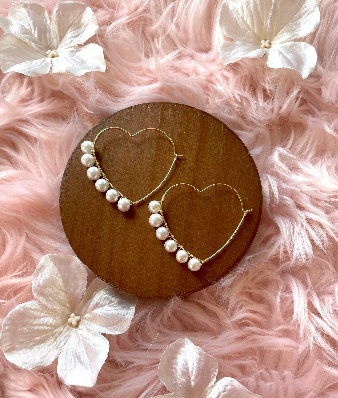 Heart Shaped Hoop Earrings Gold / Beaded Pearl Heart Earrings / Mother ...