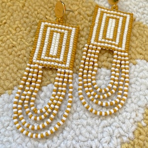Mustard Seed Bead Chandelier Earrings: Geometric Boho Beadwork - Etsy