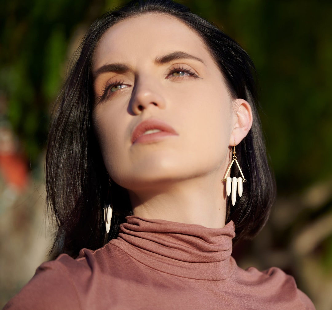 White Howlite Geometric Spike Triangle Dangle Earrings / White Dagger ...