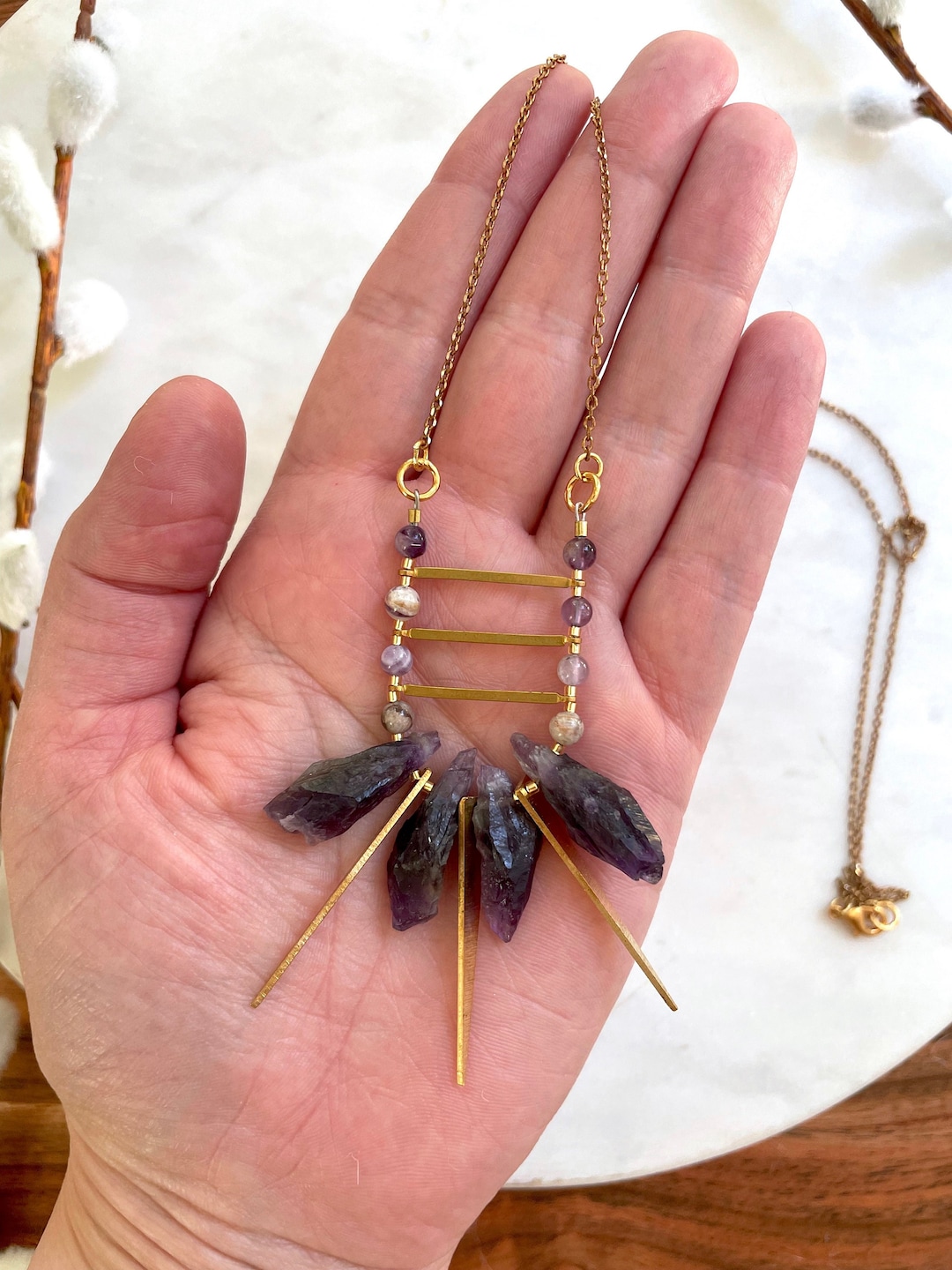 Amethyst Spike Beaded Long Ladder Necklace / Long Purple Gold Gemstone ...