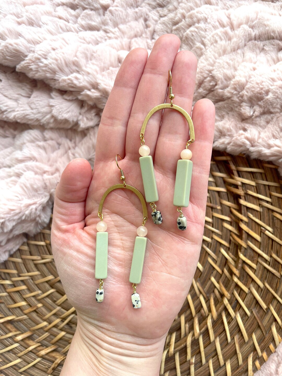 Brass Arch Dangle Earrings: Peach Chalcedony, Dalmatian Jasper, Lucite ...