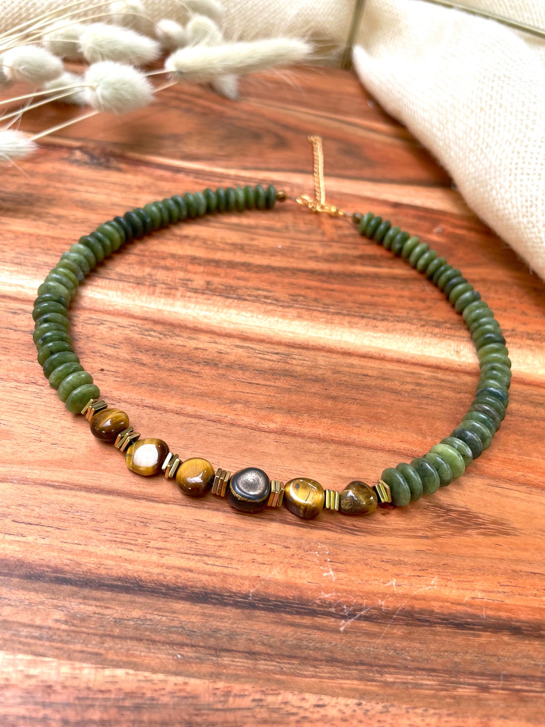 Olive Jade & Tigers Eye Beaded Choker: Boho Gemstone Necklace - Etsy