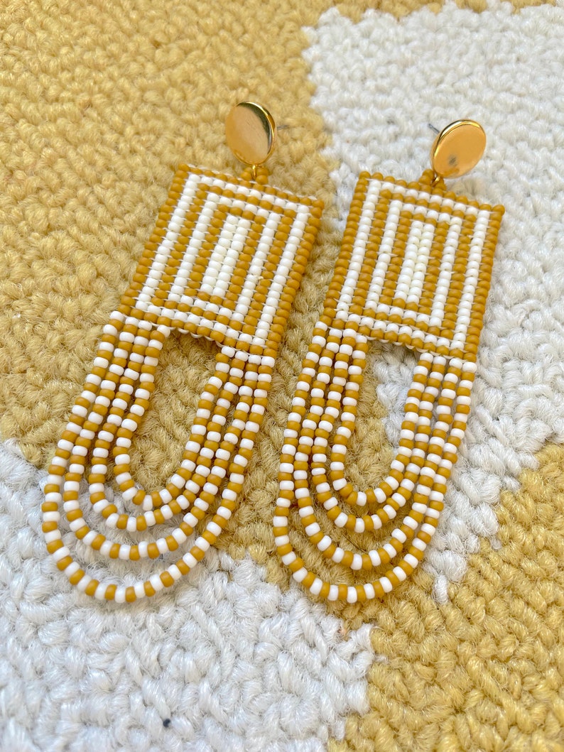 Mustard Seed Bead Chandelier Earrings / Geometric Beaded - Etsy