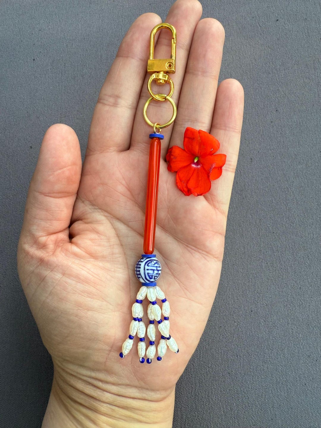 Orange Tassel Bag Charm: Lucite Bead, Japanese Rice Pearls - Etsy