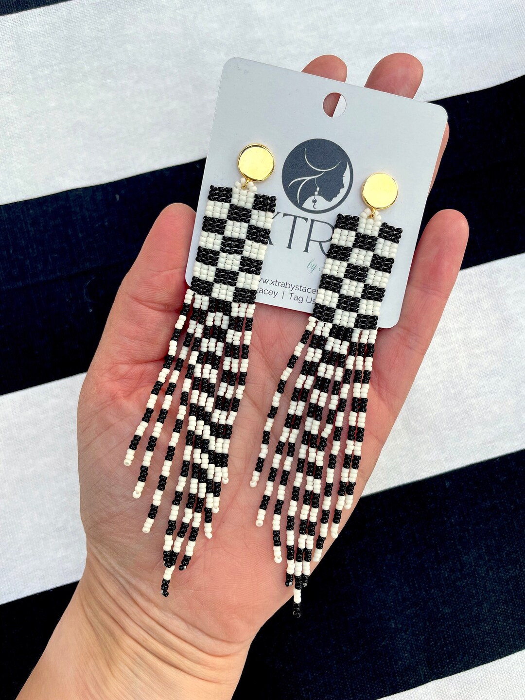 Long Checkerboard Beaded Fringe Earrings / Seed Bead Earrings / Geometric Statement Earrings ...